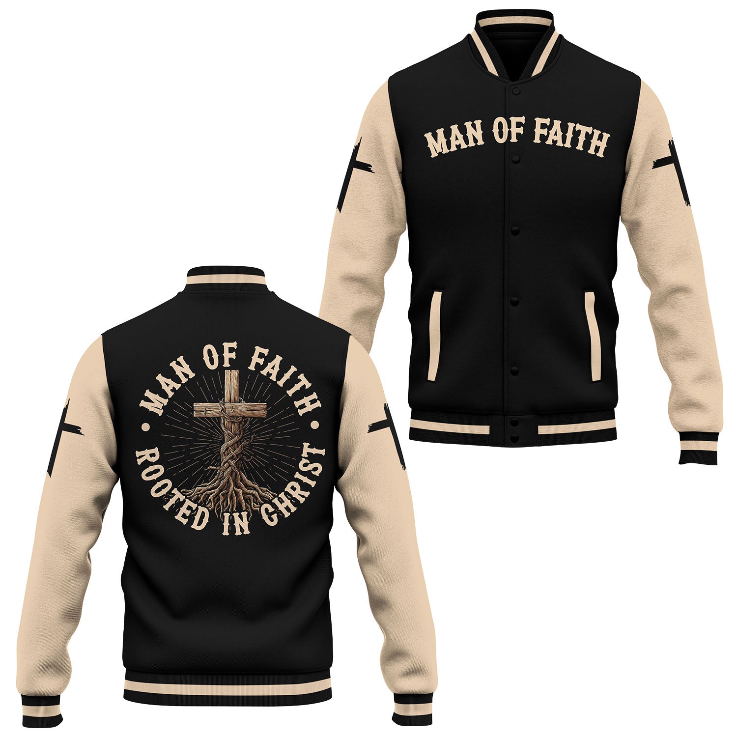 “Faith Rooted Cross” Baseball Jacket – Thefaithluxe